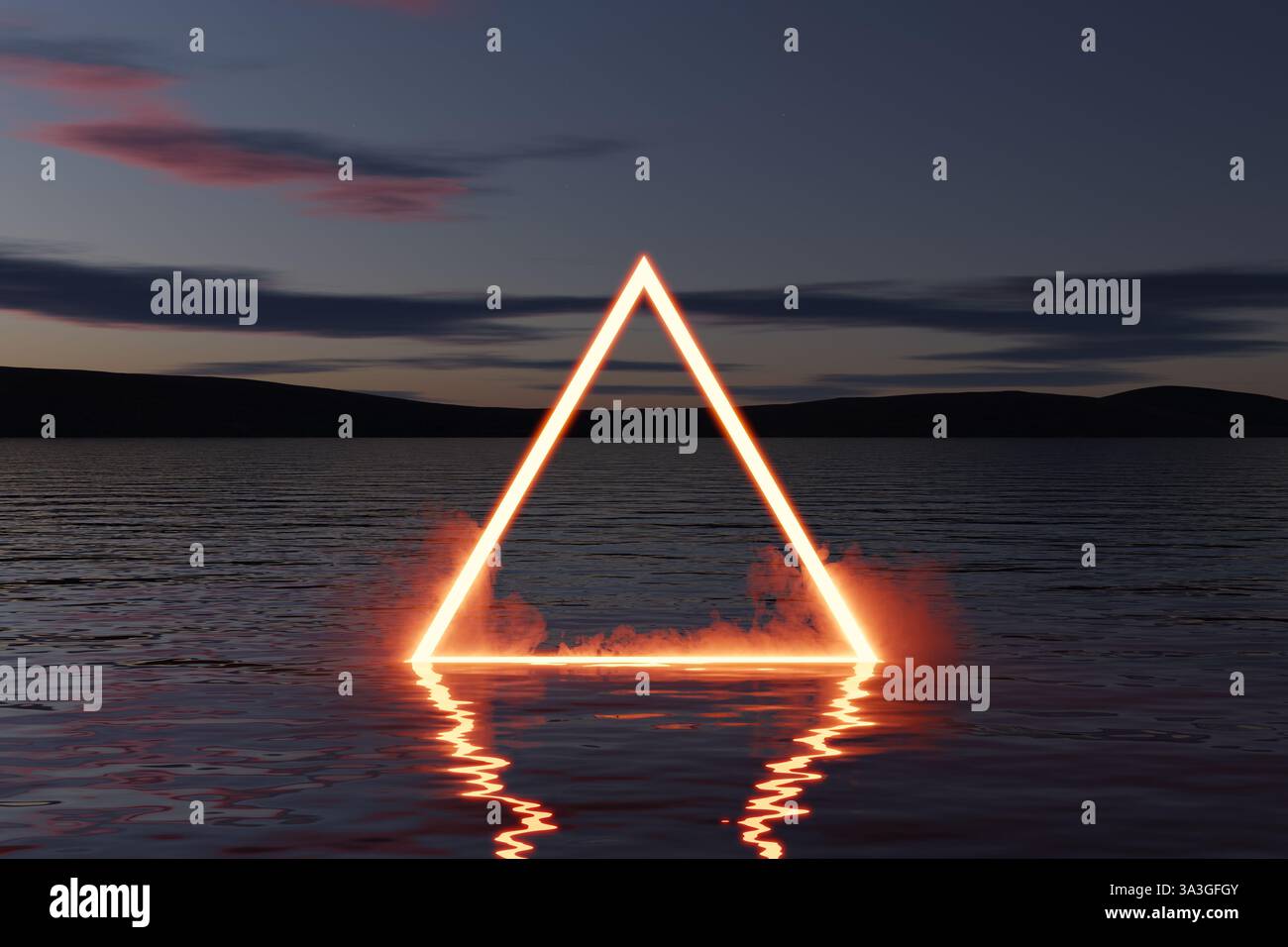 lighten glow triangle over blue ocean and in front of evening sky. 3D ...