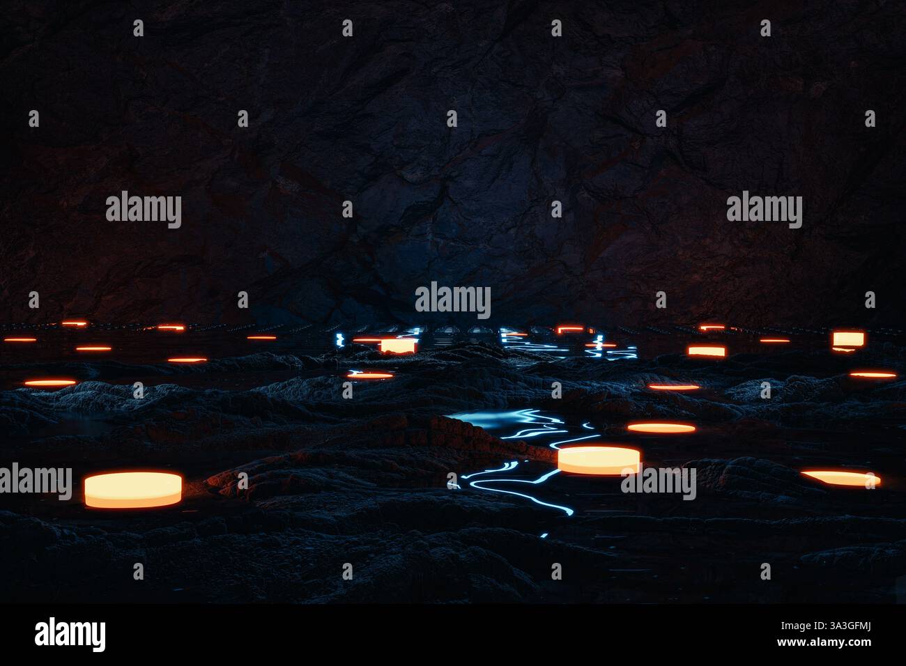 Neon push button background with rocky floor and cliff wall. 3D ...