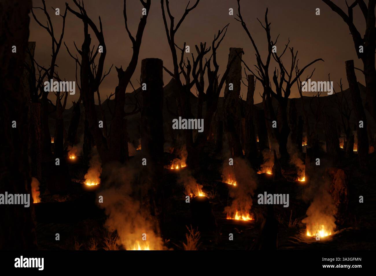 small fires in a burnt forest landscape at night. 3D Rendering Stock ...