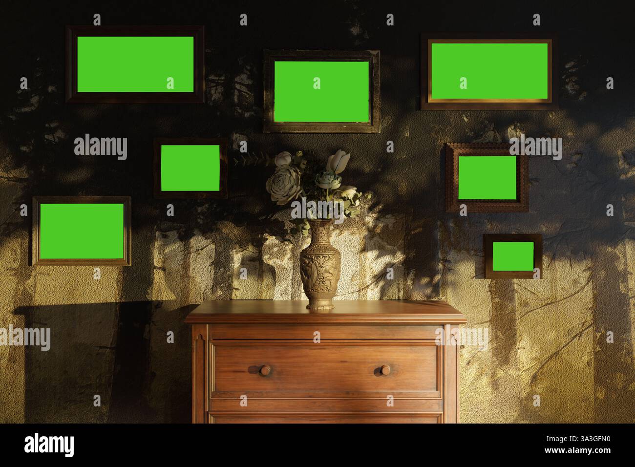 Aged picture frames with green screen hanging on natural landscape ...