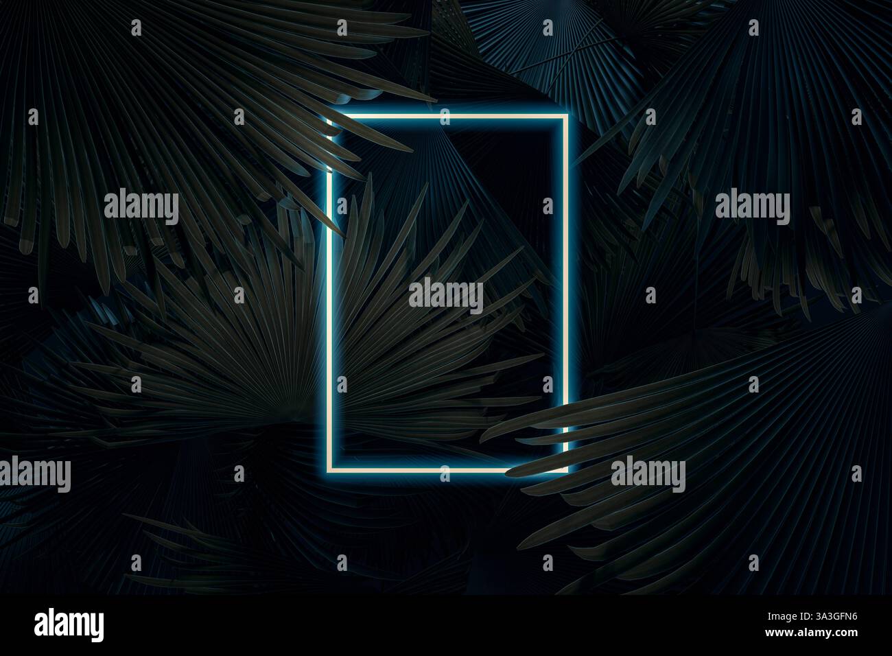 3d rendering of neon square frame covered by palm leaves.. Flat lay of ...