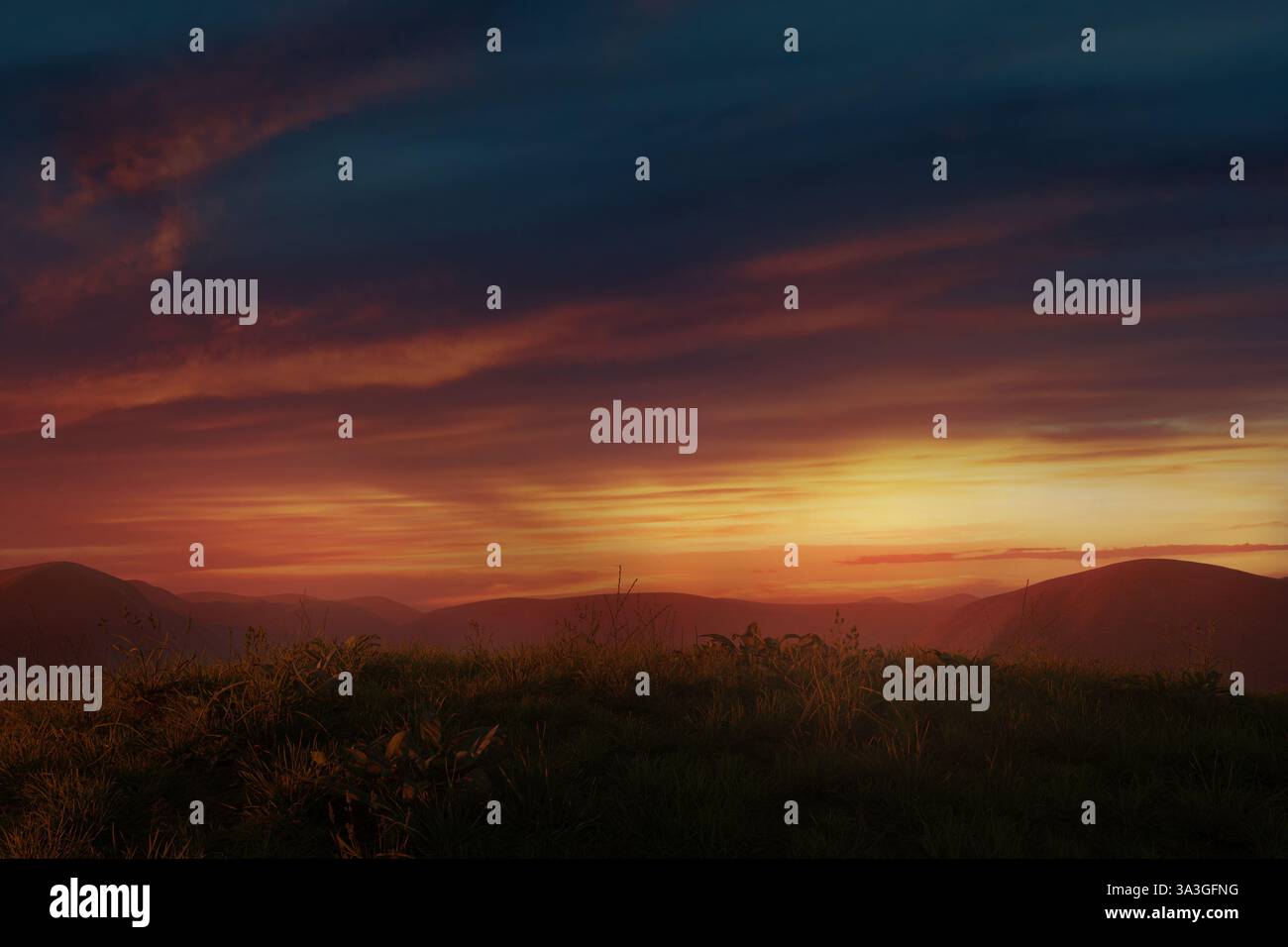 view to the mountain range in the beautiful sunset. 3D Rendering Stock ...