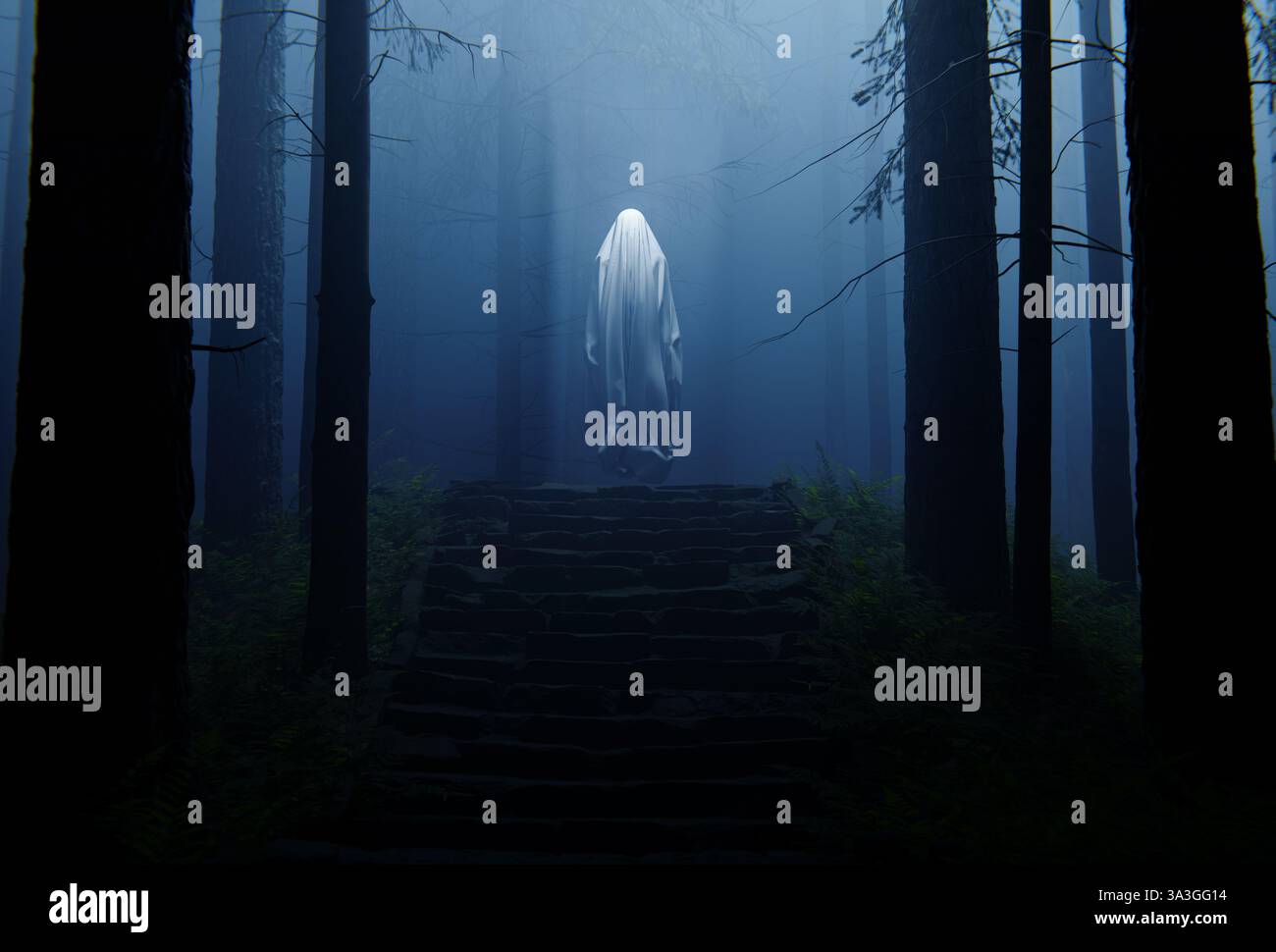 Ghost covered with sheet floating above old stairs. Surrounded by trees ...
