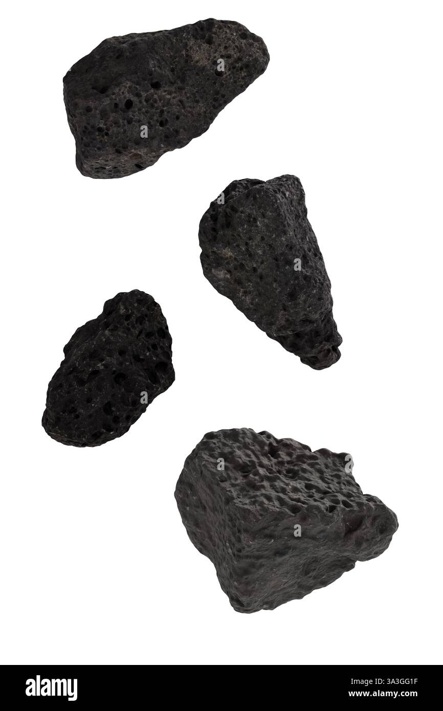 3D Rendering of falling lava rocks in front of white background Stock ...