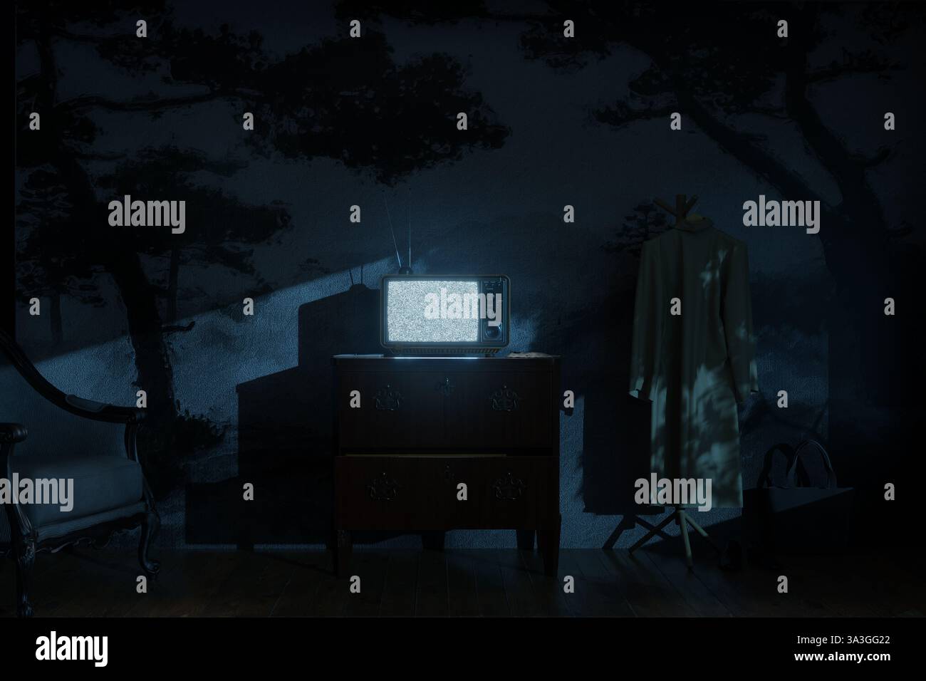 Old television and bright static screen in a vintage living room at ...