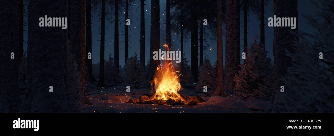 3d rendering of a bonfire in a snowy forest and moonlight sky Stock ...