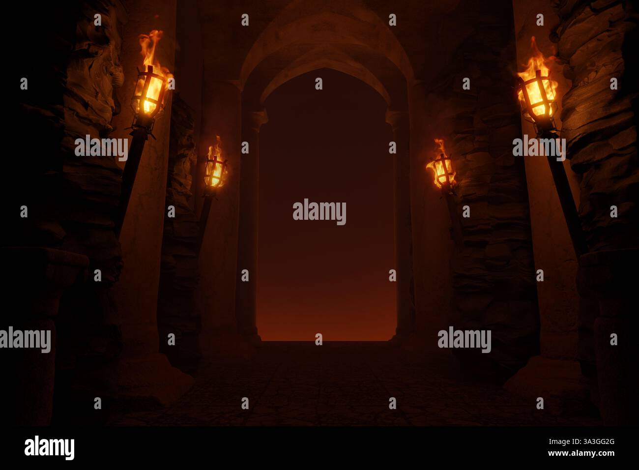 3D rendering of ancient greek temple with burning torches and rock ...