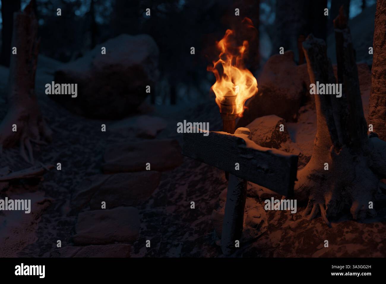 3d rendering of a torch fire next to a signpost in a snowy forest path ...