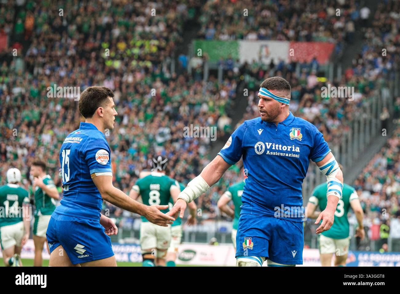 Rome, Italy. 15th Mar, 2025. Tommaso Allan (L) and Sebastian Negri (R ...