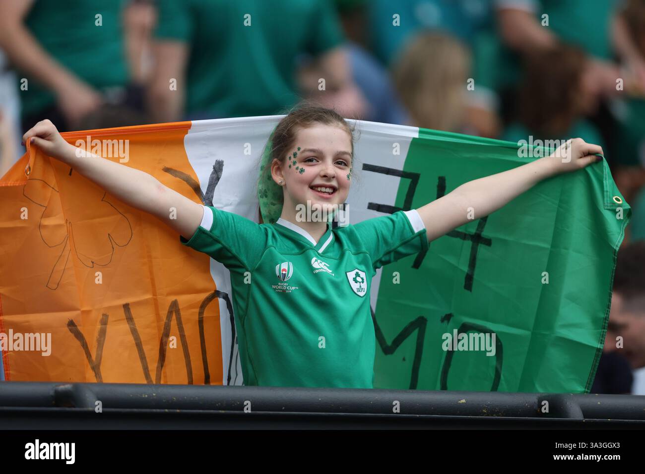 Rome, Italy. 15th Mar, 2025. Young Irish fans with flag on the stand ...