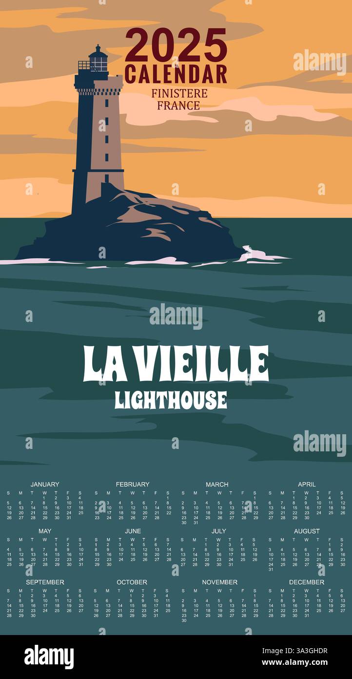 Calendar Monthly 2025 Travel retro poster La Vieille Lighthouse Stock ...