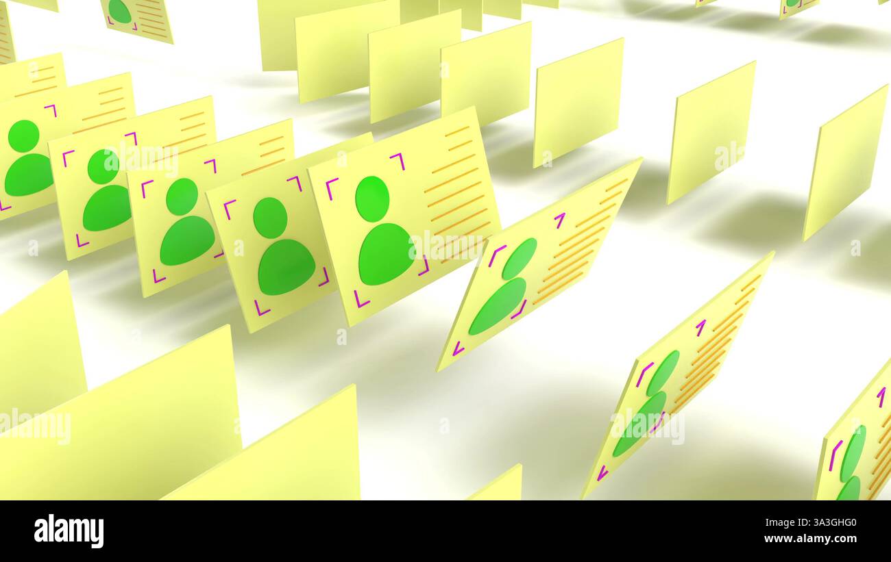 Yellow ID card move in row line on white bg 3d render Stock Photo - Alamy