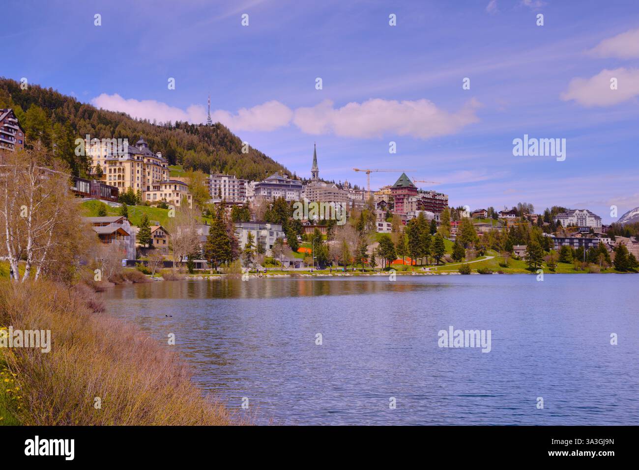 Lake and town St. Moritz, the famous Upper Engadine Alpine resort in ...