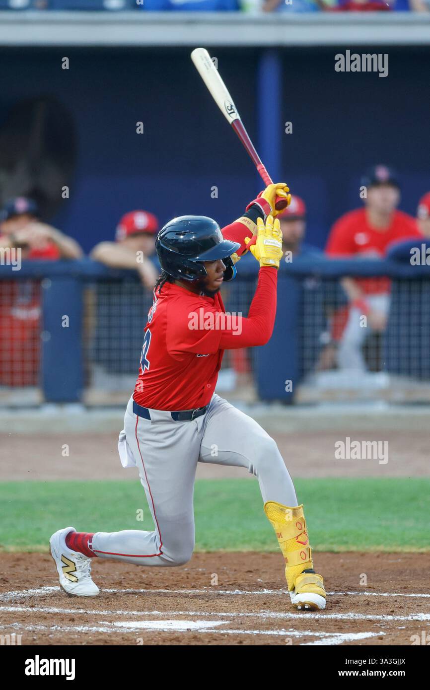 Port Charlotte, FL USA; Boston Red Sox left fielder Miguel Bleis (44) grounds out to third base ...