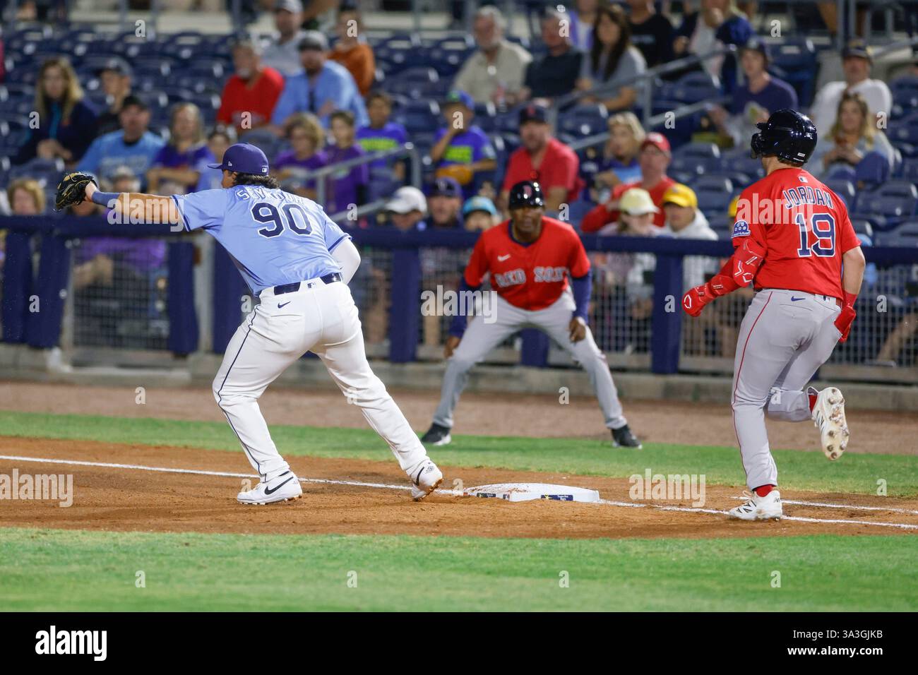 Port Charlotte, FL USA; Tampa Bay Rays first base Bob Seymour (90) gets ...