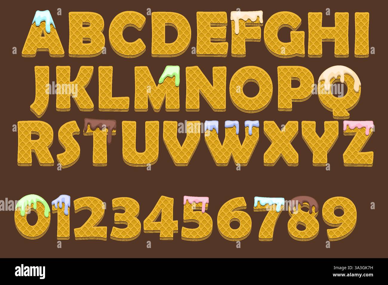 Alphabet, letters, numbers and signs made from waffles with crema. Set ...