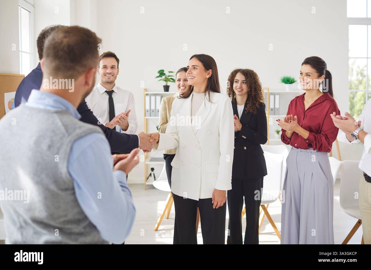 Office friends meets young worker in team, friendly man leader, boss ...