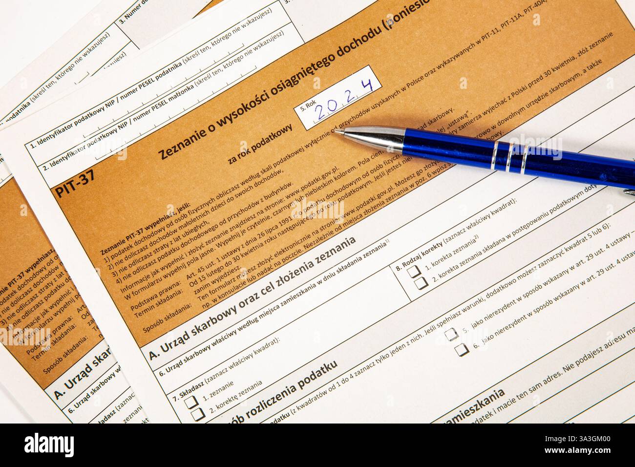 Close-up. Background. PIT-37. Polish tax return form for 2024 (called ...