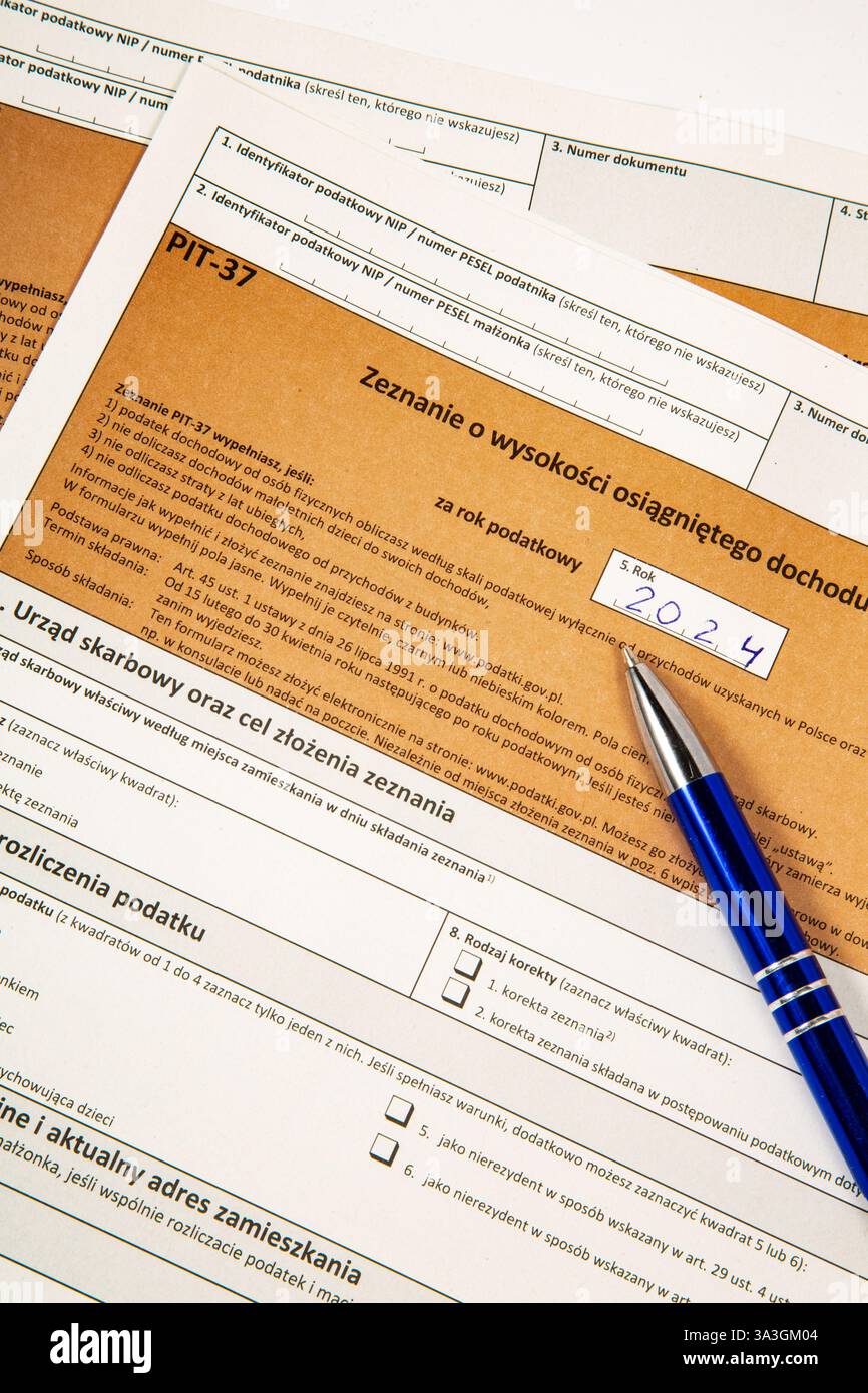 Close-up. Background. PIT-37. Polish tax return form for 2024 (called ...