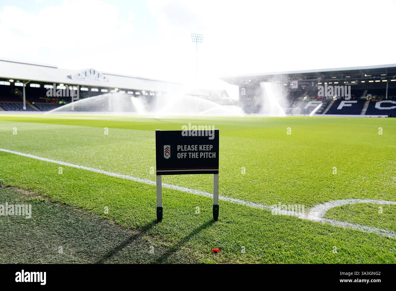 A general view inside the ground as they water the pitch ahead of the ...