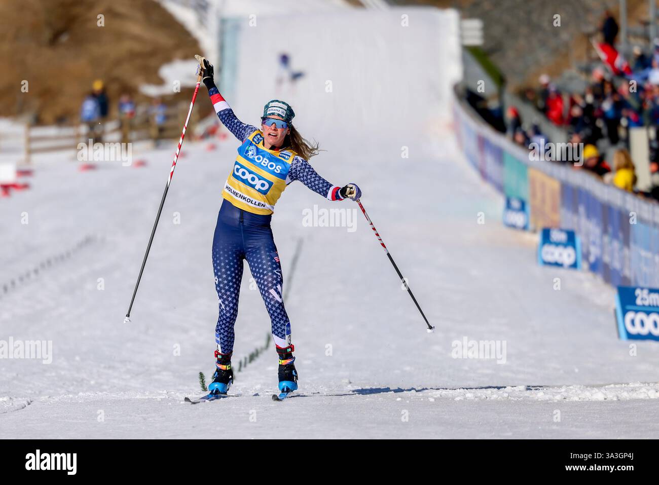 USA's Jessie Diggins crosses the finish line during the women's 10km ...