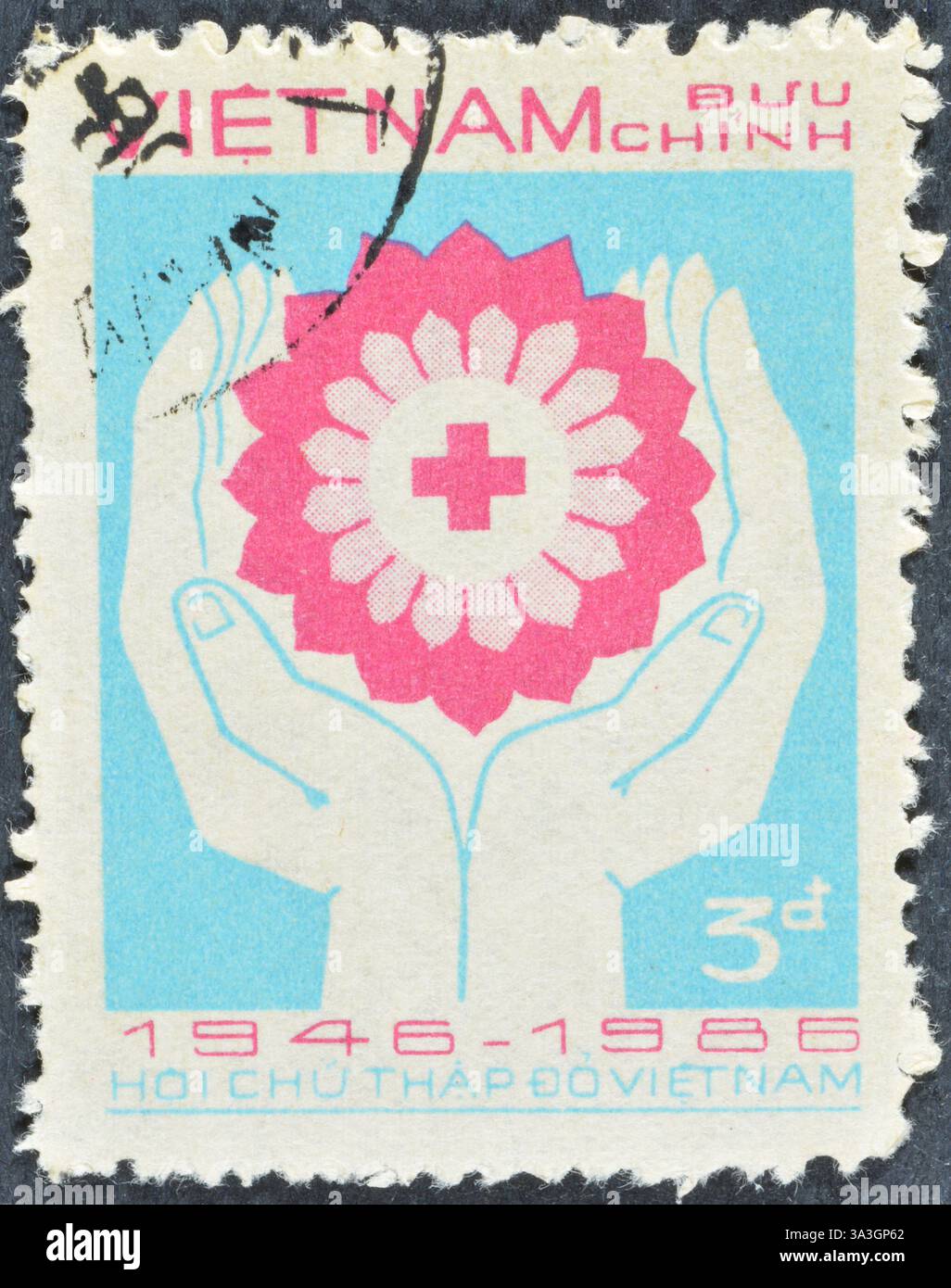 Cancelled postage stamp printed by Vietnam, that shows Red Cross Flower ...