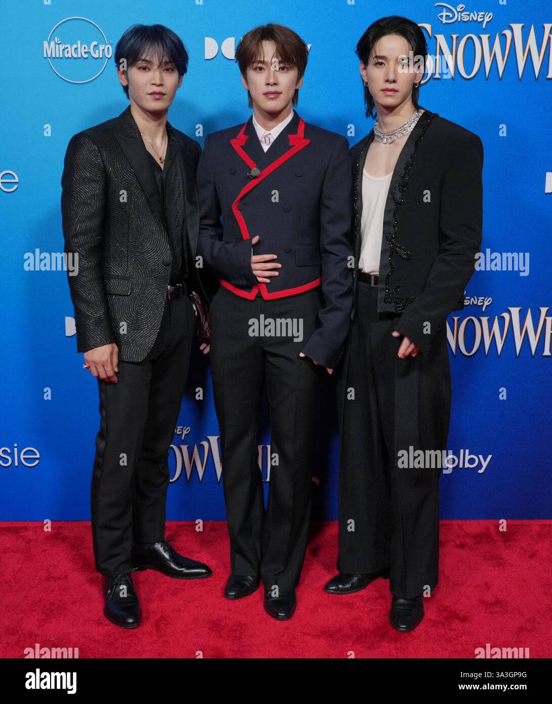 (L-R) JO1 - Sho Yonashiro, Junki Kono and Keigo Sato at Walt Disney Studios' SNOW WHITE World ...