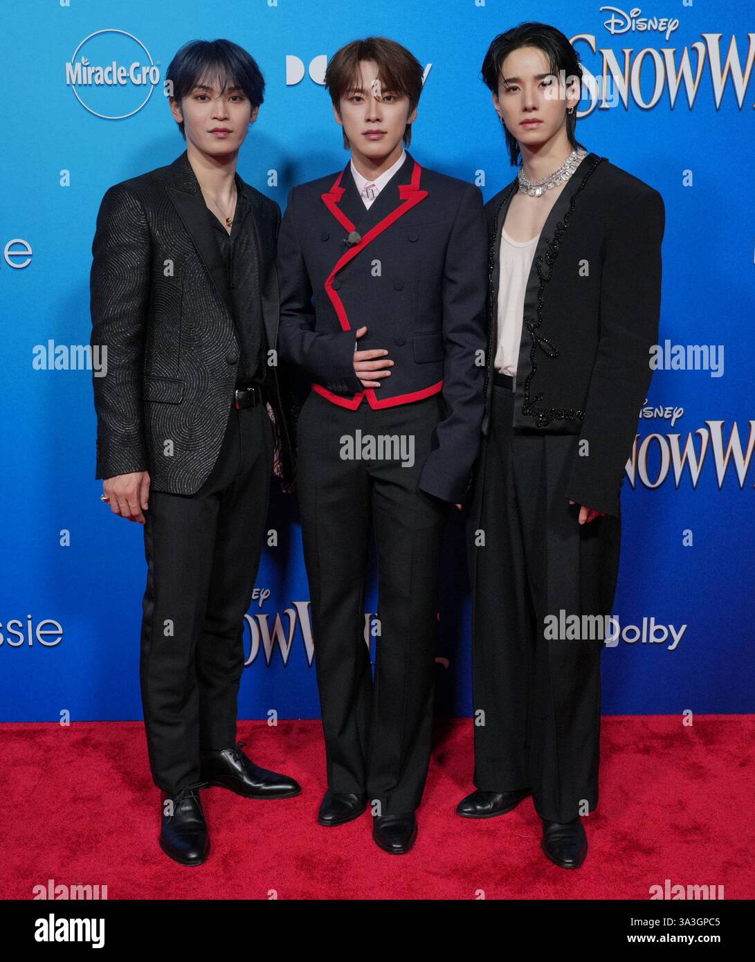 Los Angeles, USA. 15th Mar, 2025. (L-R) JO1 - Sho Yonashiro, Junki Kono and Keigo Sato at Walt ...