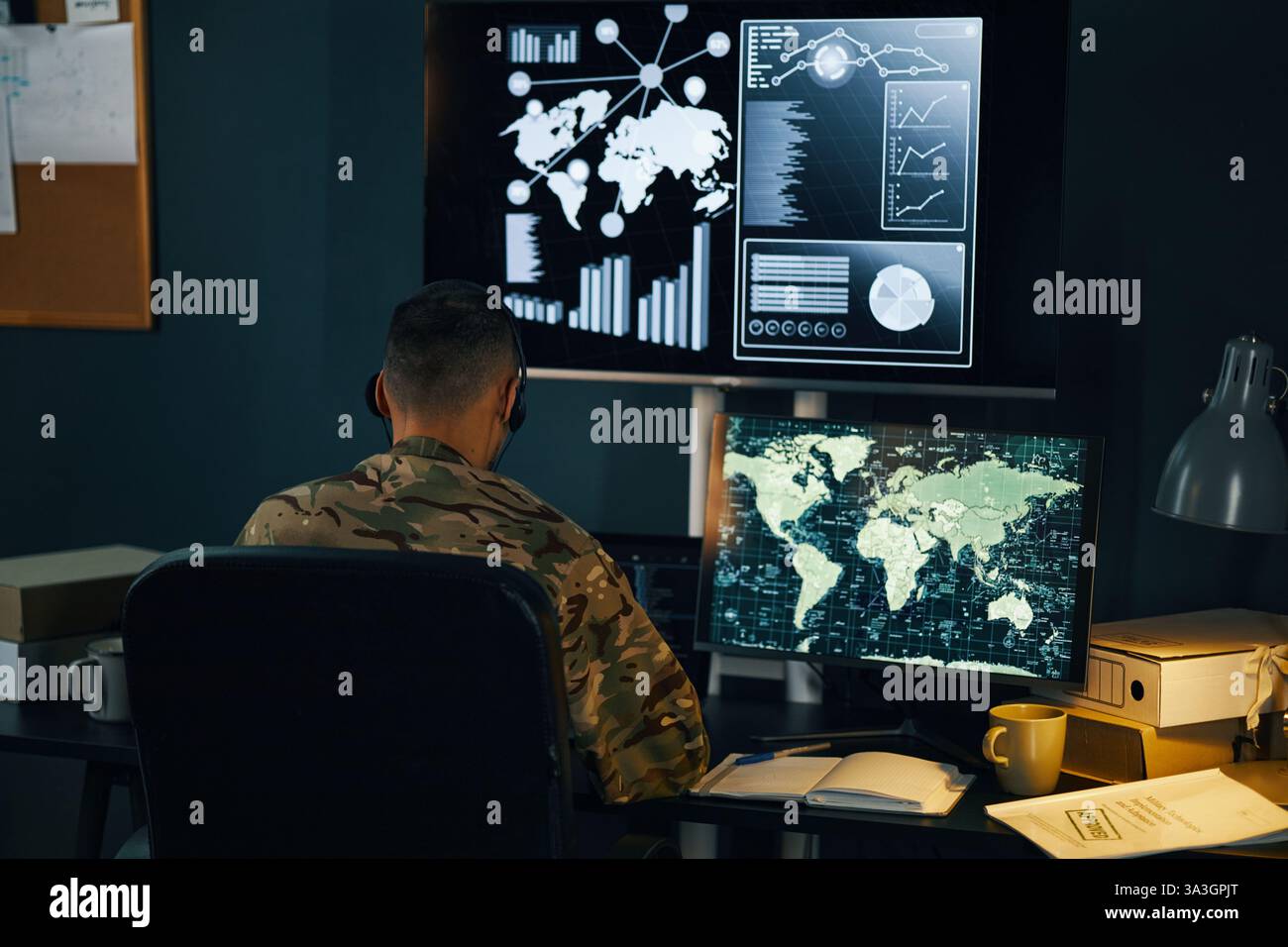 Military Personnel Analyzing Data on Multiple Screens Stock Photo - Alamy