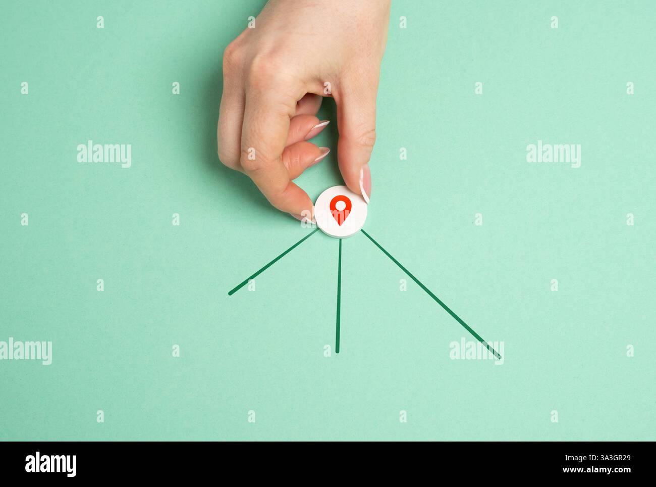 Hand with geolocation icon and new directions for next destinations ...