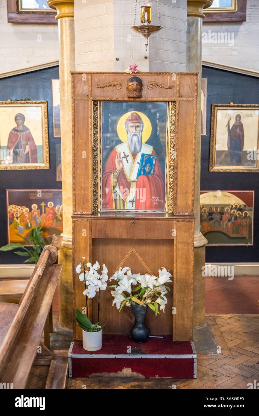 Carved wooden ornate chair incorporating paintings Greek Orthodox ...