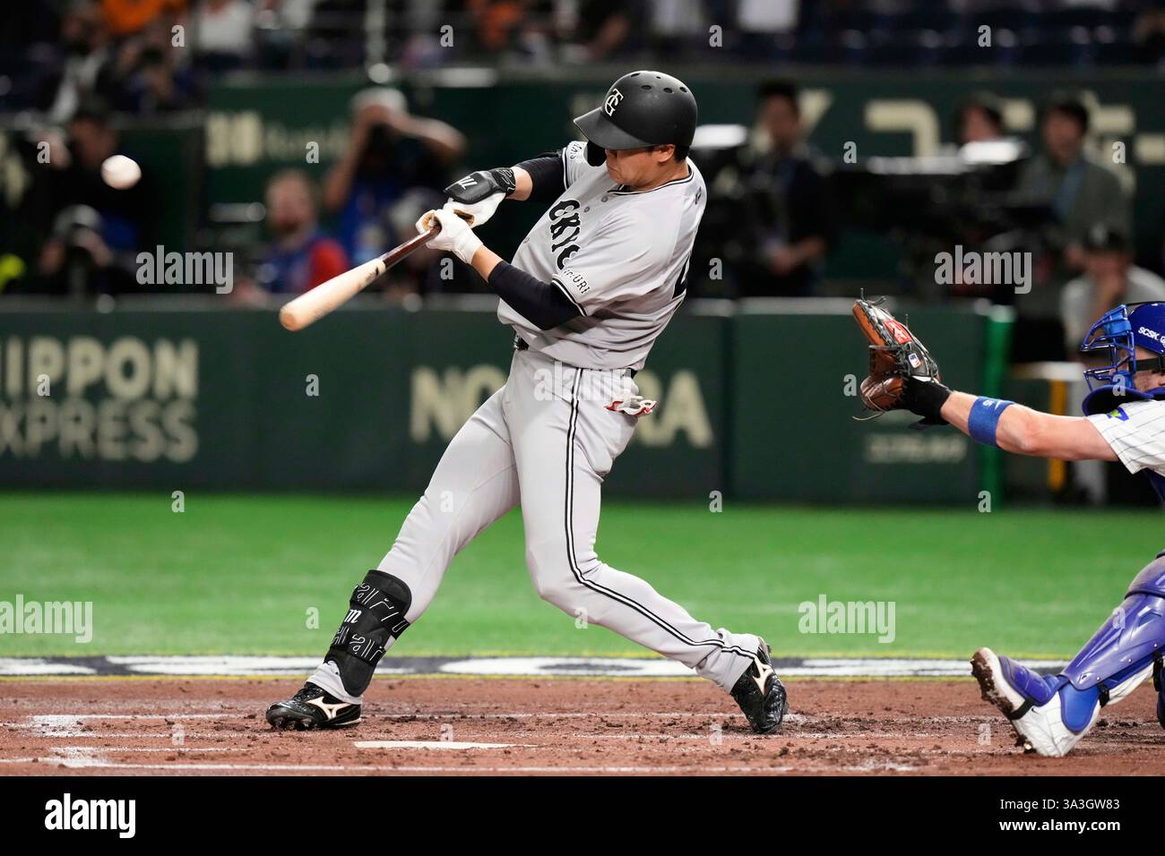 Yomiuri Giants' Raito Nakayama flies out to right in the fourth inning ...