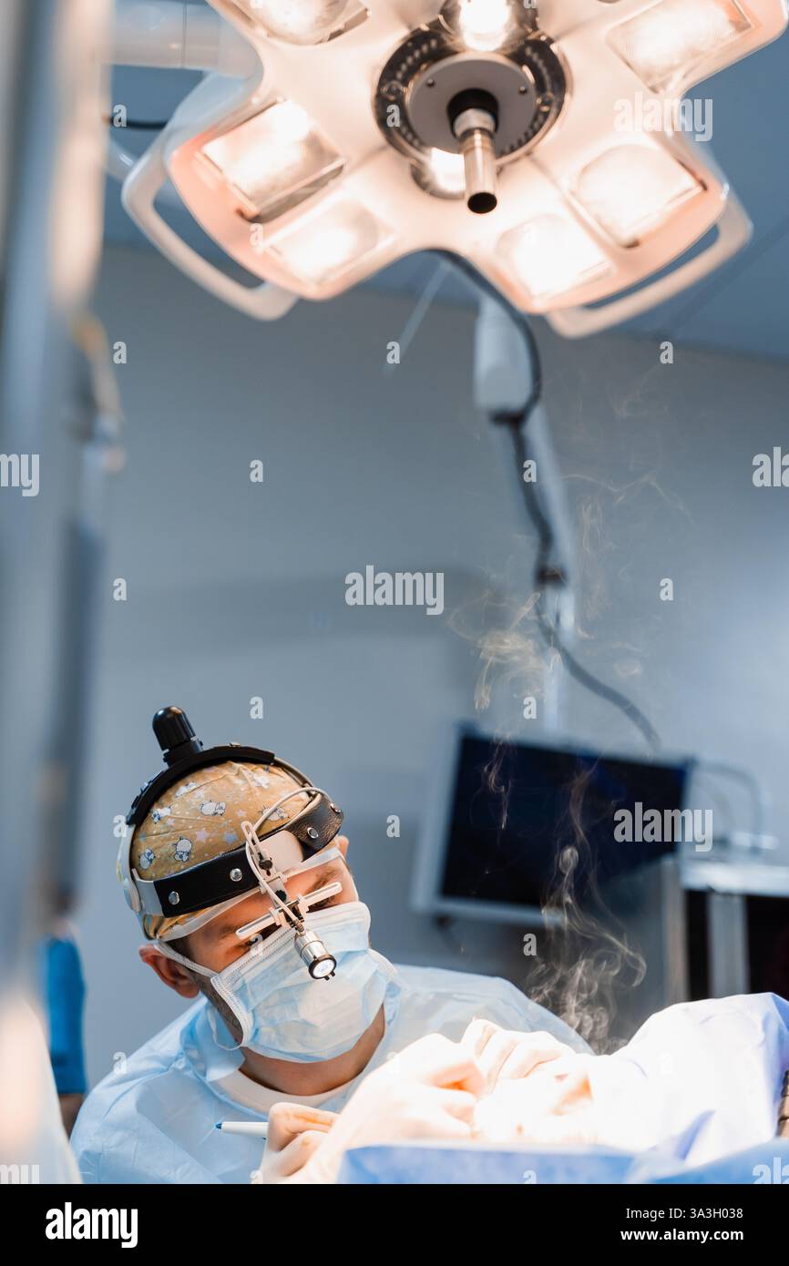 Surgeon is doing plastic operation in operating room. Blepharoplasty ...
