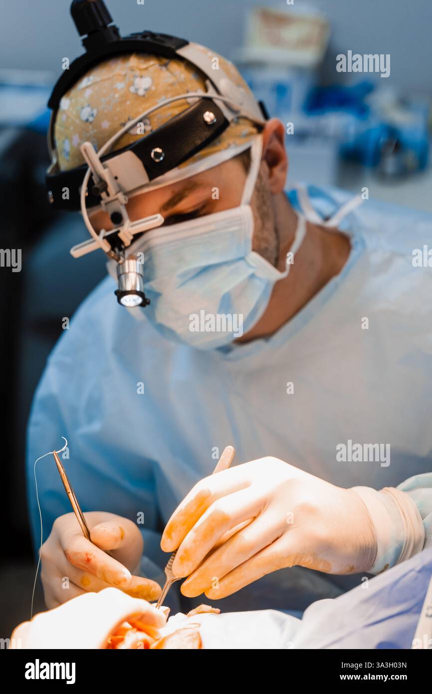 Surgeon with headlight is working in operating room. Blepharoplasty ...