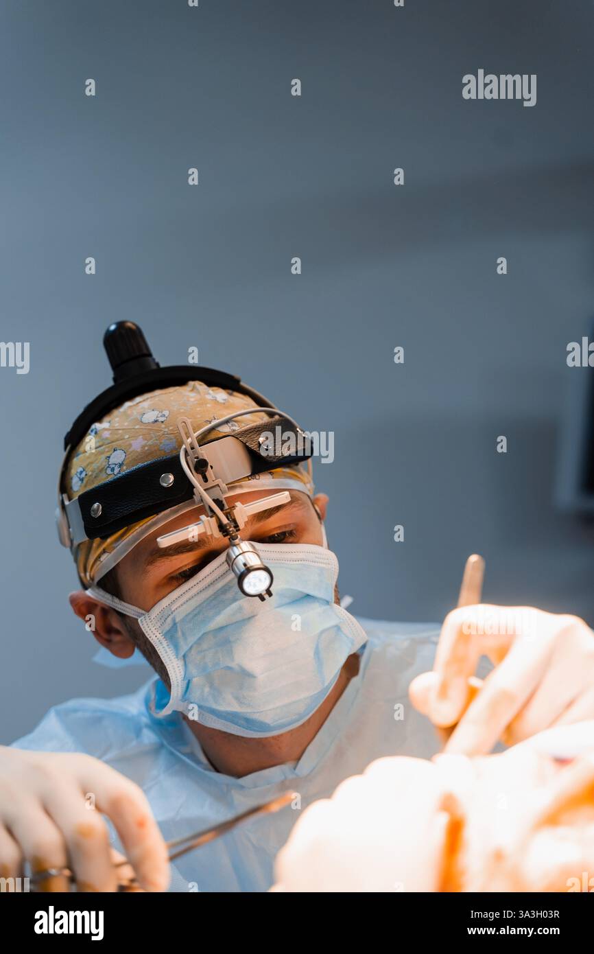 Surgeon with headlight is working in operating room. Blepharoplasty ...