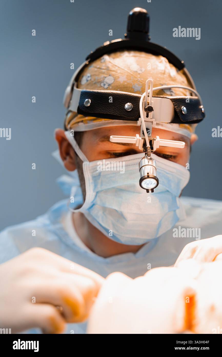 Surgeon with headlight is working in operating room. Blepharoplasty ...