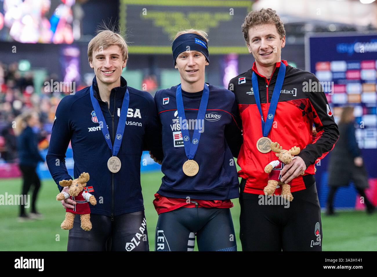 HAMAR, NORWAY - MARCH 16: Jordan Stolz of USA, Peder Kongshaug of Norway, Connor Howe of Canada ...