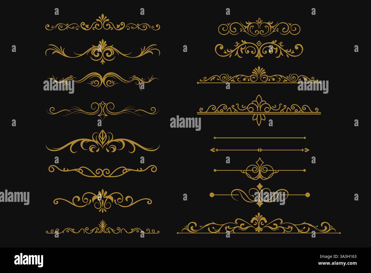 Image displays multiple elegant golden ornate divider designs on a dark ...