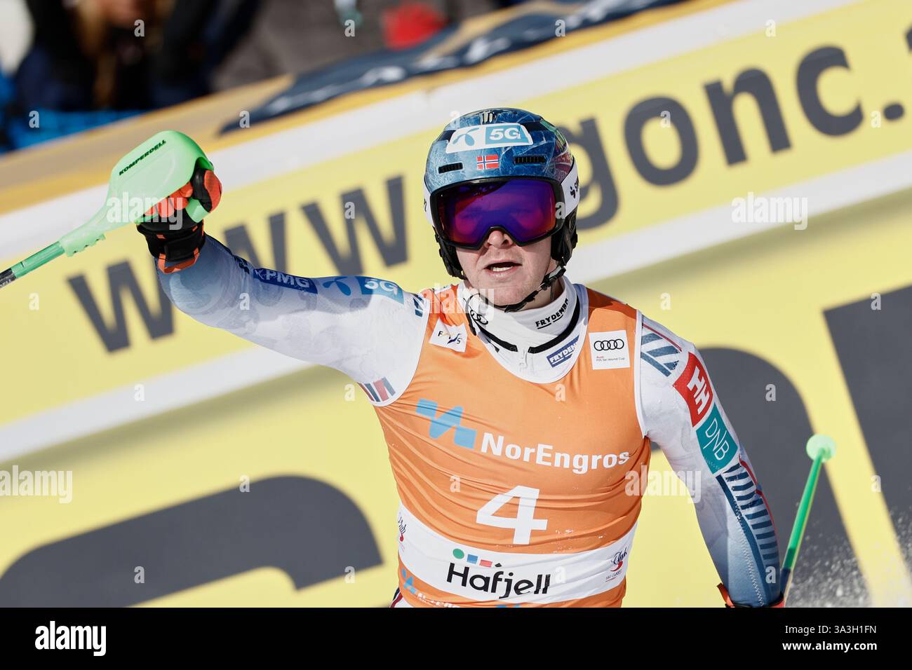 Norway's Timon Haugan celebrates at the finish area of an alpine ski ...