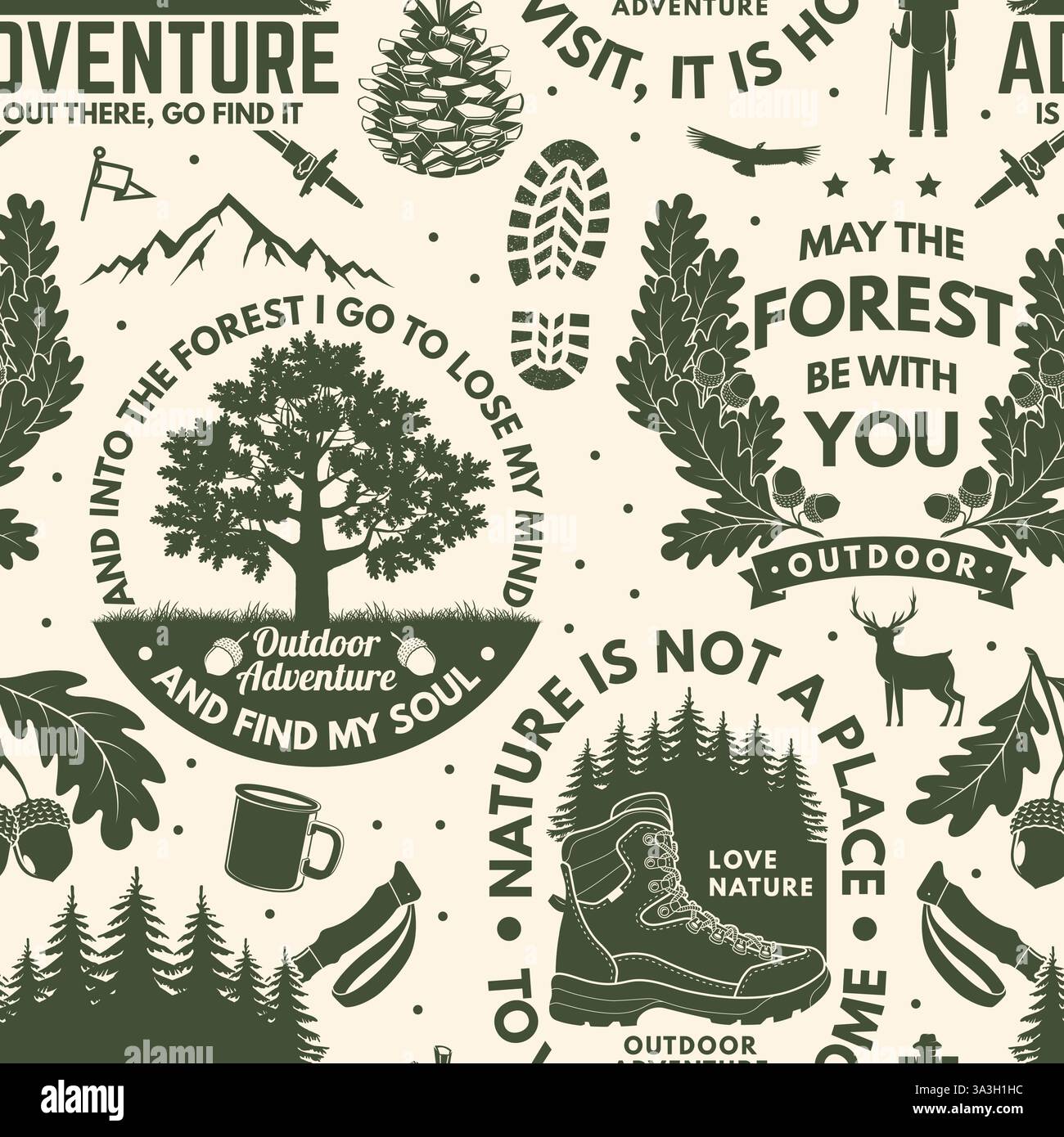 Outdoor adventure seamless pattern with emblems, logos. Background ...