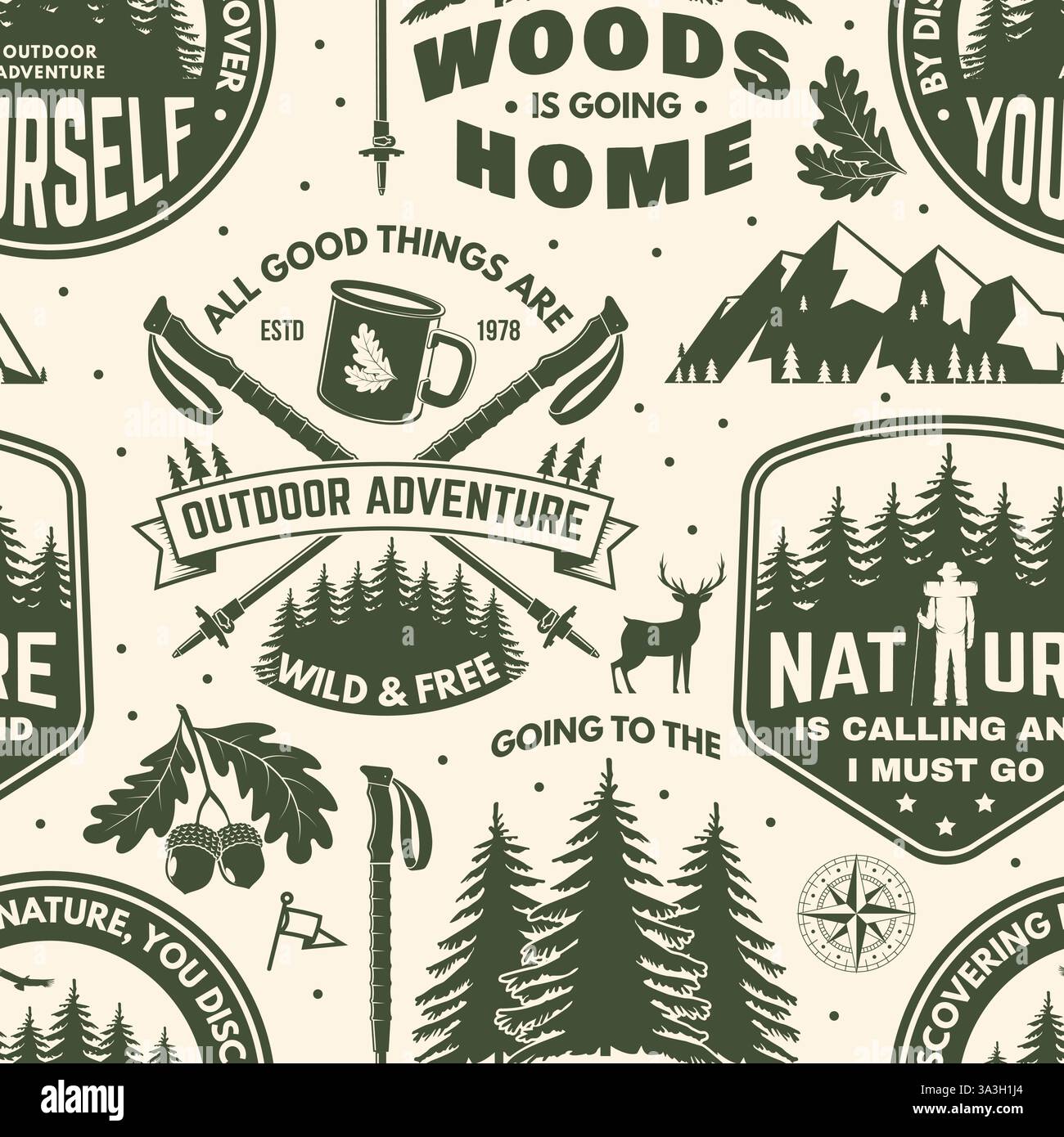 Outdoor adventure seamless pattern with emblems, logos. Background ...