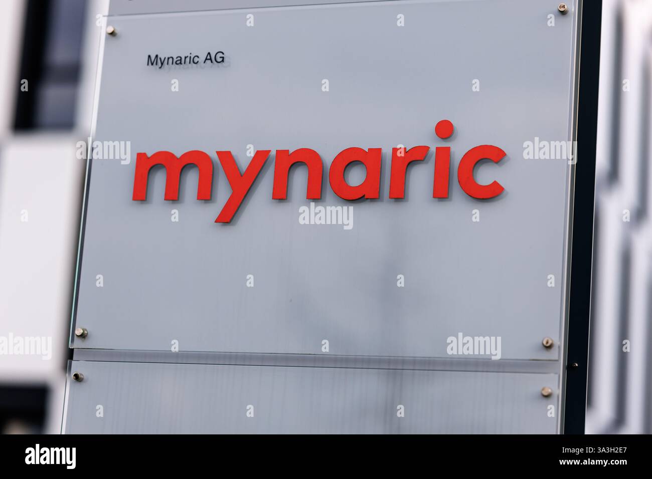 Gilching, Germany. 10th Mar, 2025. The lettering and logo of Mynaric AG can be seen at the ...