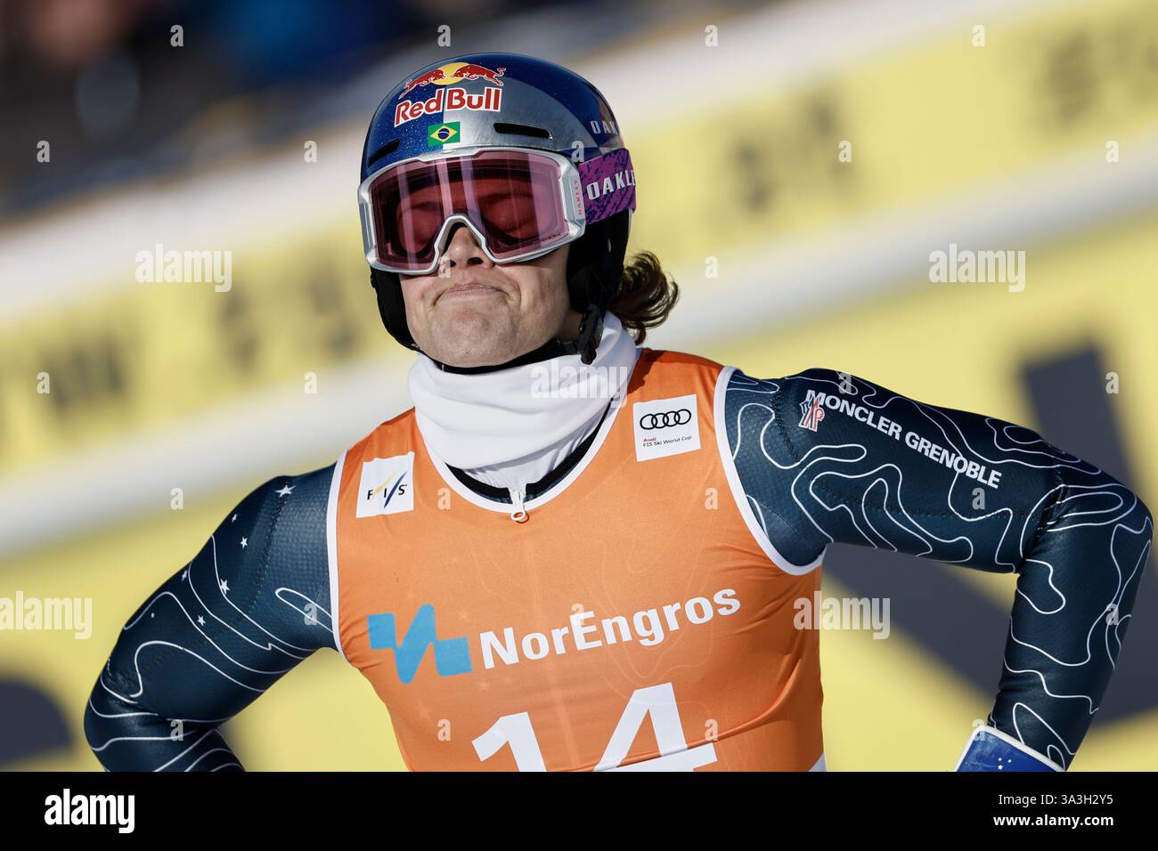 Brazil's Lucas Pinheiro Braathen celebrates at the finish area of ...
