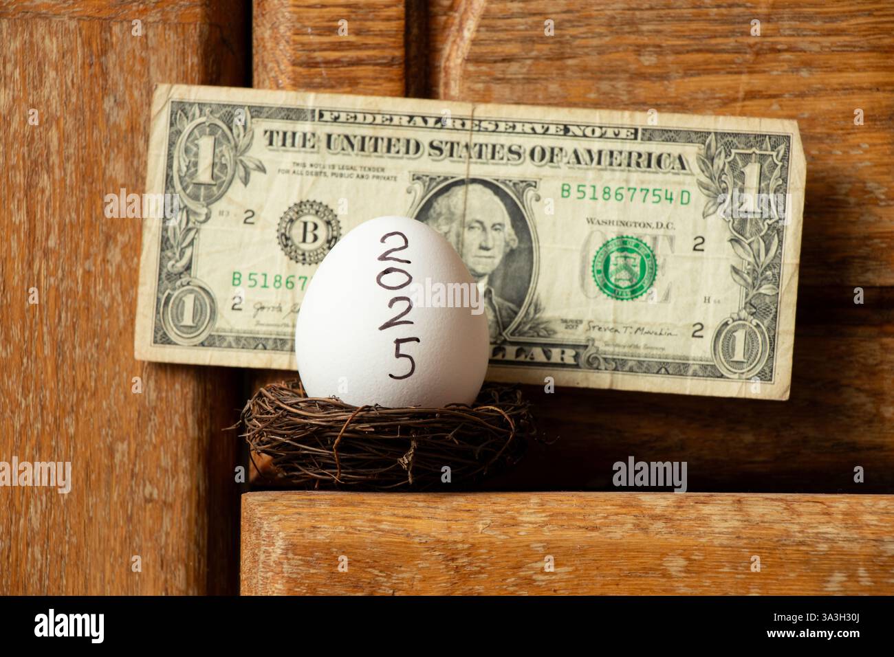 Chicken eggs in a nest with the inscription 2025 and a dollar bill on a ...