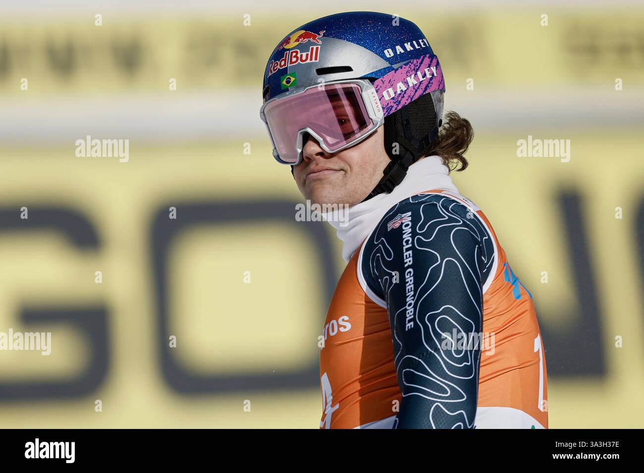 Brazil's Lucas Pinheiro Braathen checks his time at the finish area of ...