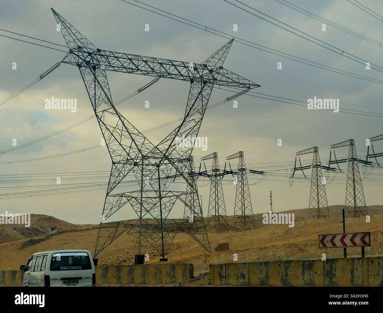 Giza, Egypt, February 7 2025: transmission tower, electricity pylon ...