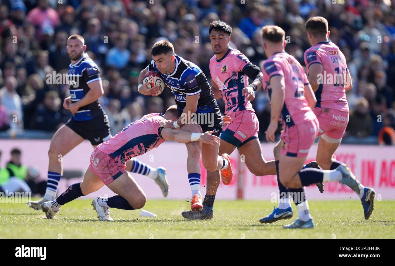 Bath Rugby's Cameron Redpath is tackled by Exeter Chief's Joe Hawkins ...