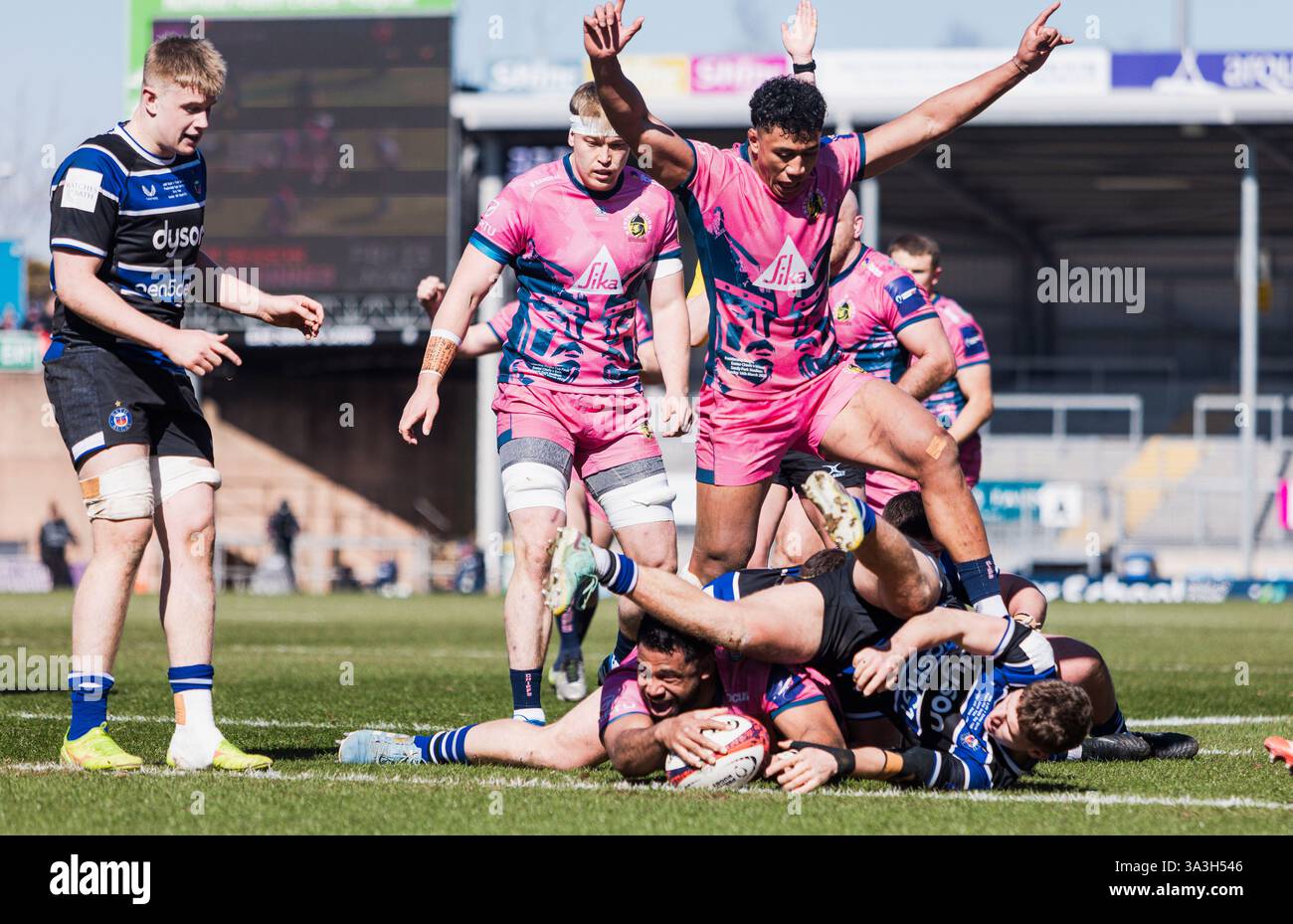 Exeter Chief's Greg Fisilau celebrates Exeter Chief's Scott Sio scoring ...