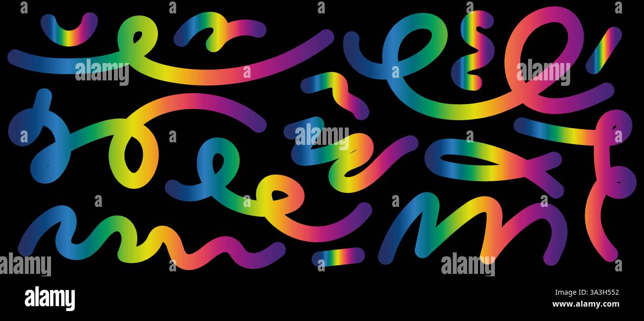 Abstract swirling neon shapes set on black, Linear rainbow fluid ...