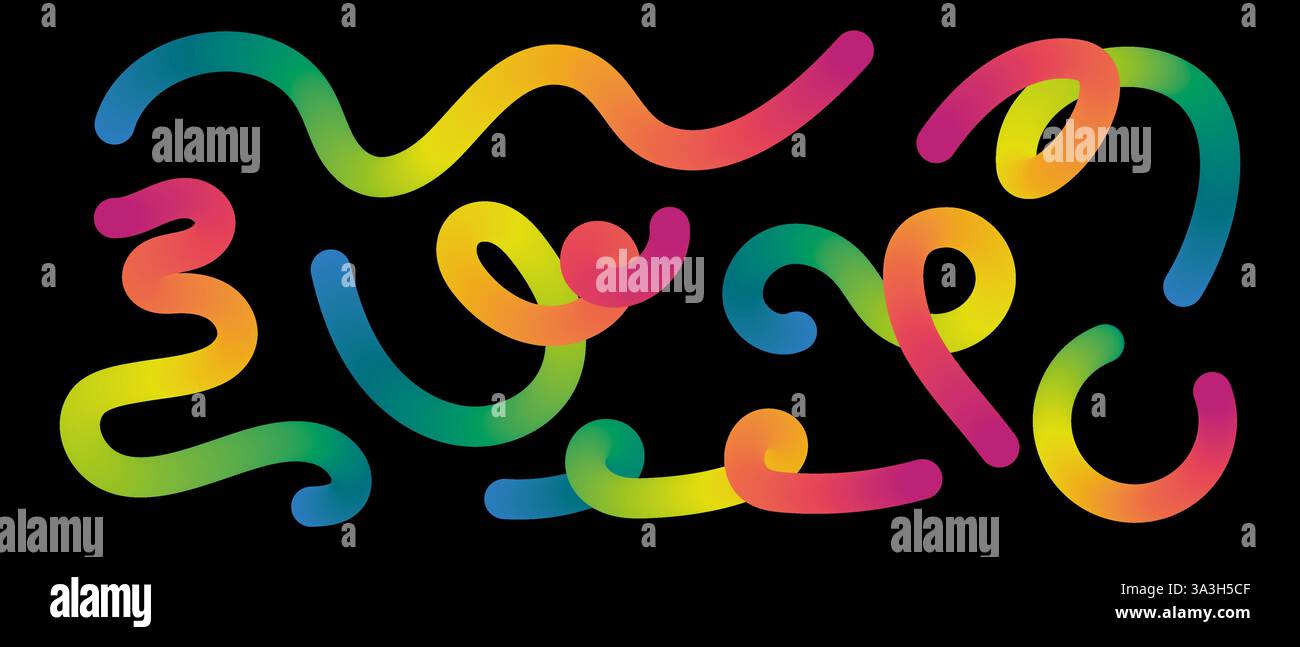 Abstract swirling neon shapes set on black, Linear rainbow fluid ...